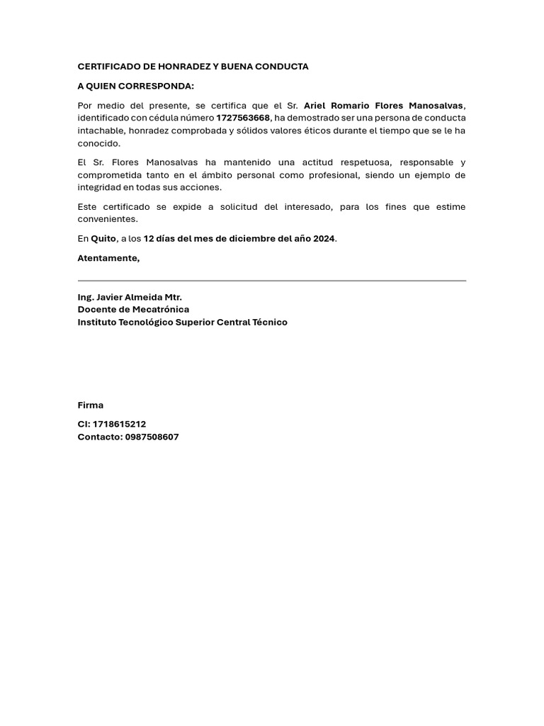 Certificado de Honradez y Buena Conducta | PDF