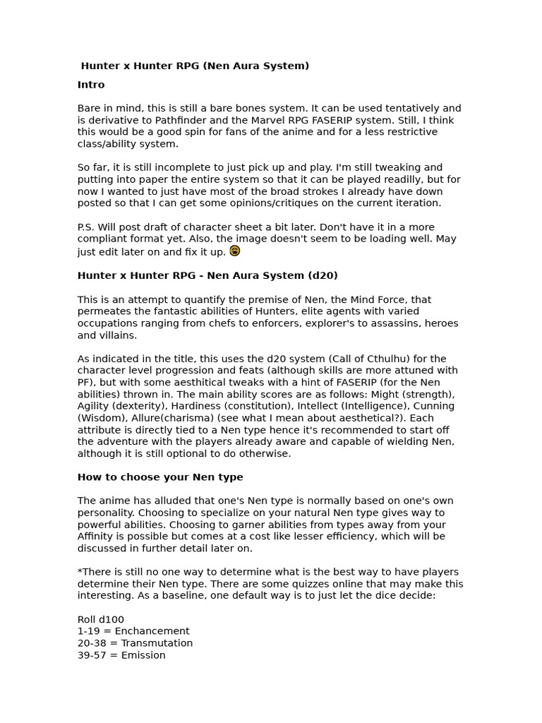 Hunter X Hunter RPG - Nen System | PDF | Role Playing Games | Tabletop ...