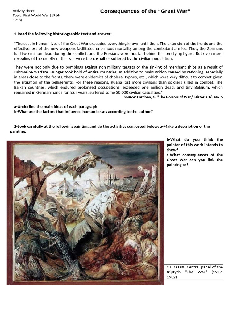 Activity Sheet - Consequences of The First World War | PDF | World War ...