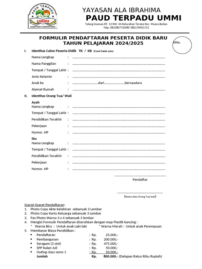 Formulir Pendaftaran TK 2024/2025 | PDF
