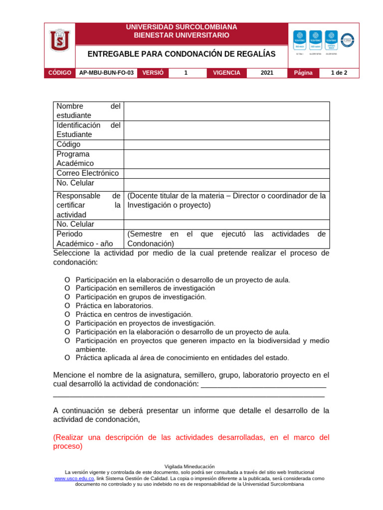 Ap-Mbu-Bun-Fo-03 Entregable para Condonación de Regalías | PDF