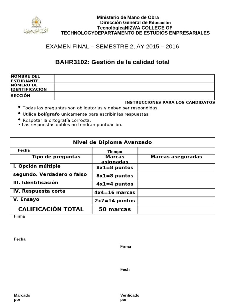 Examen Final Gestión de Calidad Total | PDF | Sistema de manejo de ...