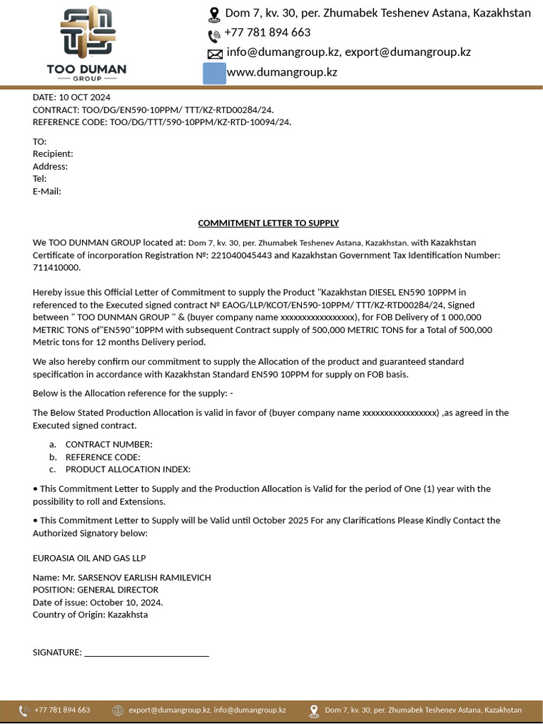 Commitment to Supply EN590 Diesel | PDF