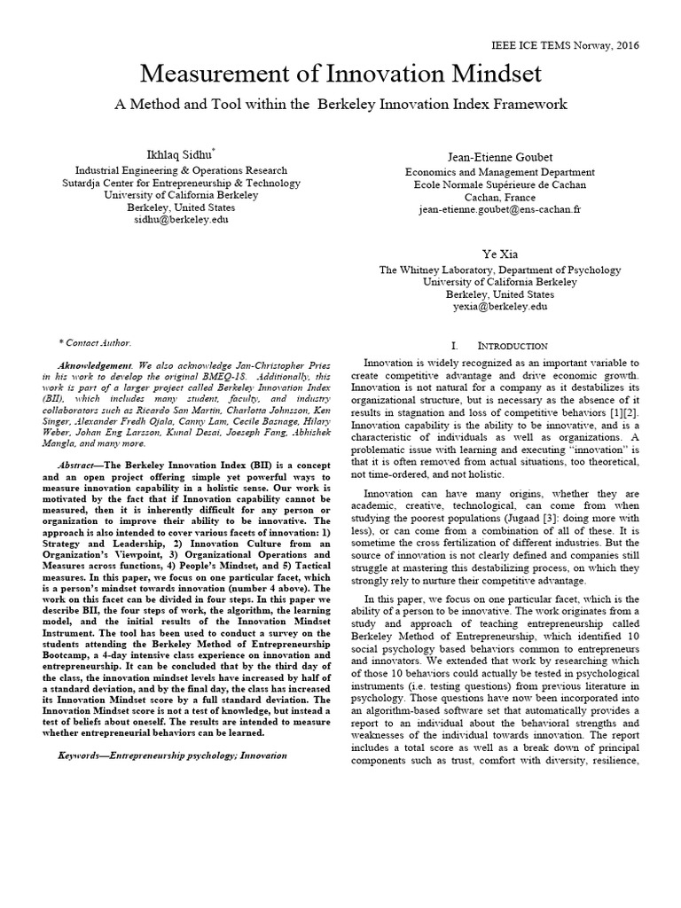 Measurement of Innovation Mindset A Meth | PDF | Entrepreneurship | Mindset