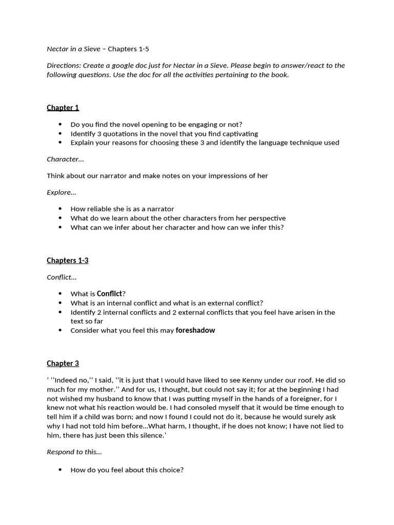 Nectar in A Sieve - Chap 1-5 Questions | PDF