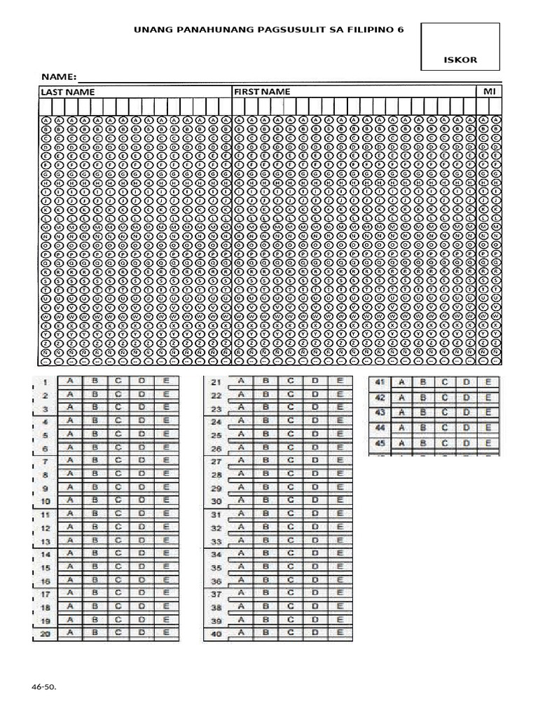 UNANG PANAHUNANG PAGSUSULIT SA FILIPINO 6_answersheet_in NAT_Form | PDF