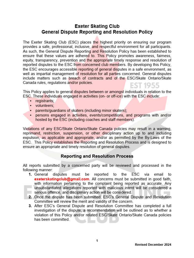 Exeter Skating Club Dispute Policy | PDF | Justice | Crime & Violence