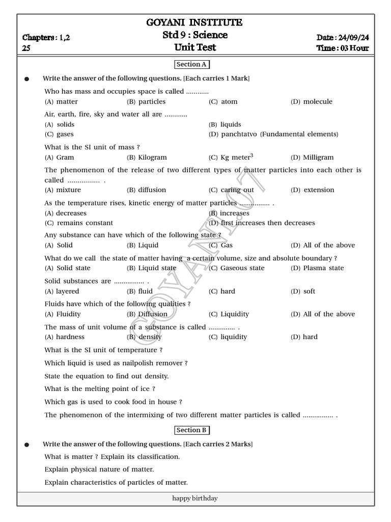 UnitTest D24 Sept 2024 | PDF | Gases | Matter UnitTest D24 Sept 2024 | PDF | Gases | Matter