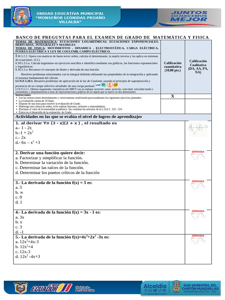 Banco de Preguntas de Matemática y Fisica | PDF | Matriz (Matemáticas) | Integral