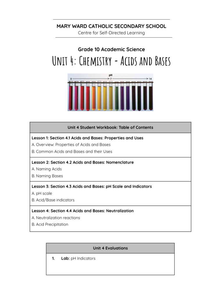 SNC2D1 Unit 4 Chemistry - Acids and Bases - Student Workbook | PDF | Ph ...