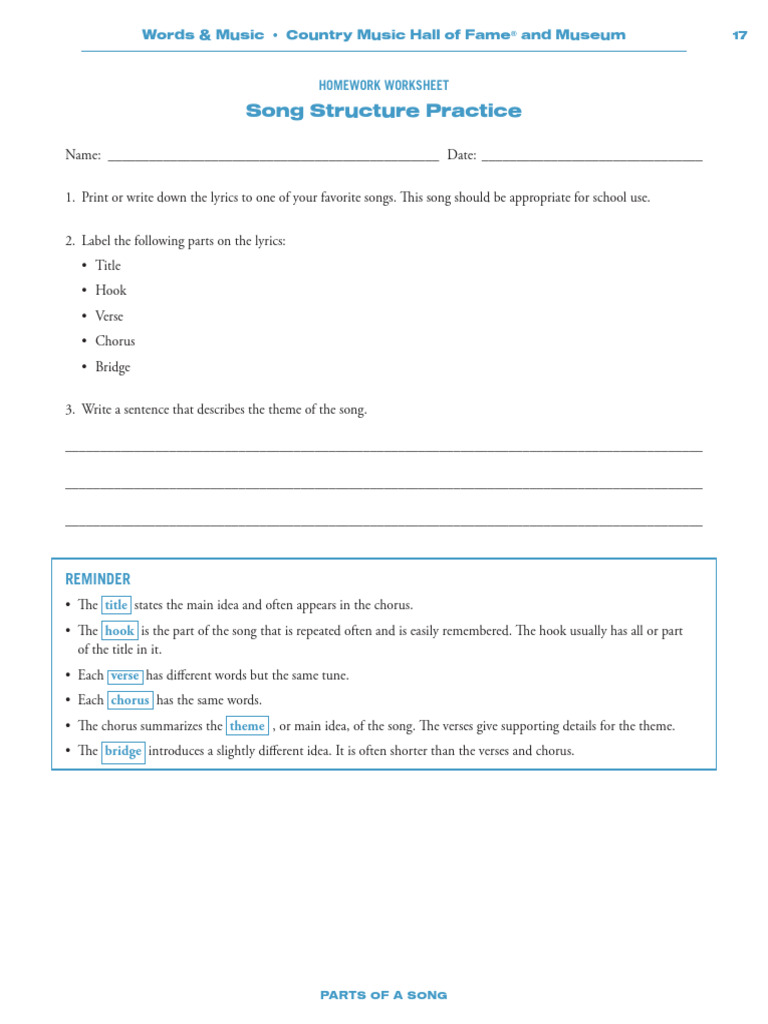 3 6 Lesson 2 Homework Worksheet Song Structure Practice FEB | PDF