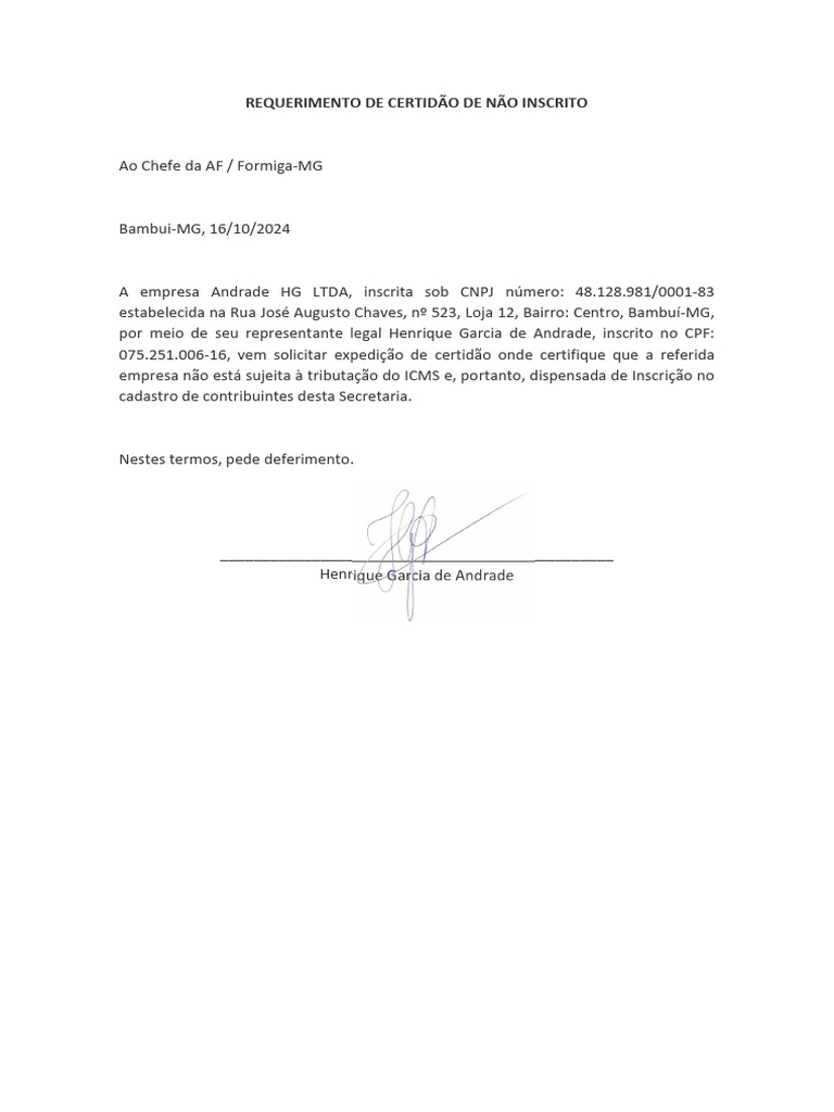Modelo Requerimento de Certidao de Nao Inscrito Assinado PDF | PDF