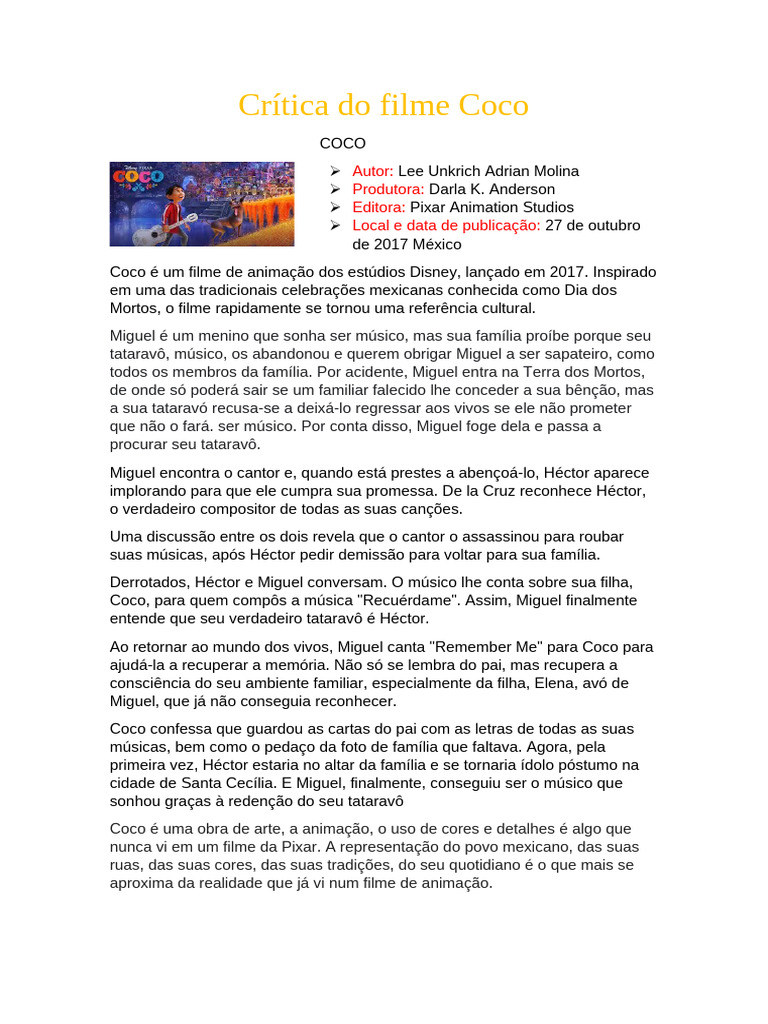 Resenha do filme Coco | PDF