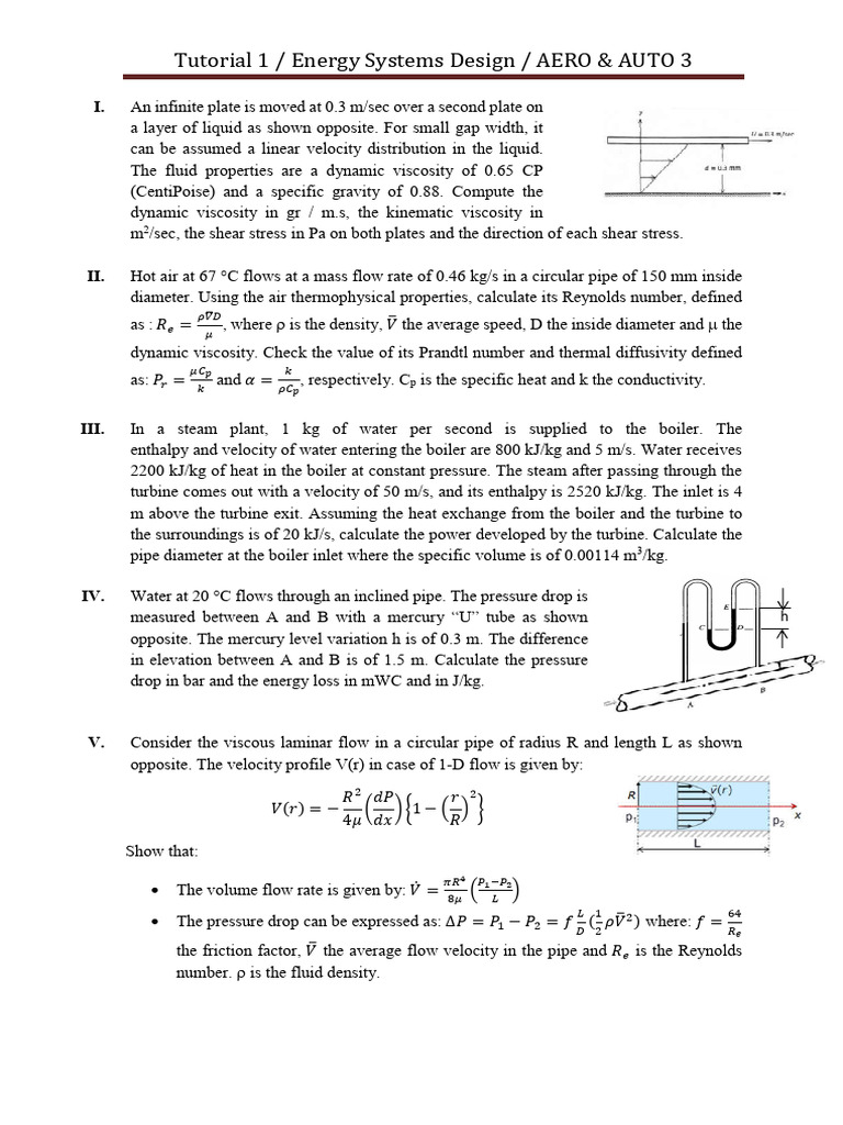 TUTORIAL 1 Energy Systems Design A3 | PDF | Viscosity | Fluid Dynamics
