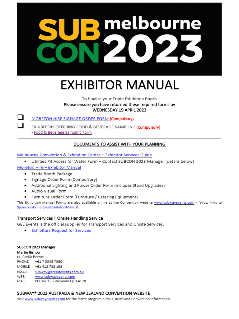 SUBWAY Exhibitor Manual 2023 | PDF | Cargo | Insurance