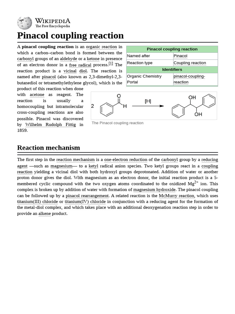 Pinacol Coupling Reaction Explained | PDF | Organic Chemistry | Chemistry