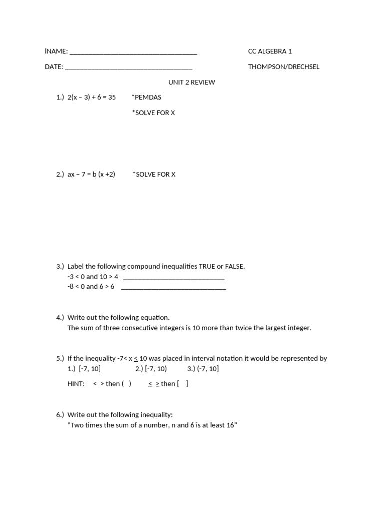 review unit 2 | PDF | Equations | Numbers