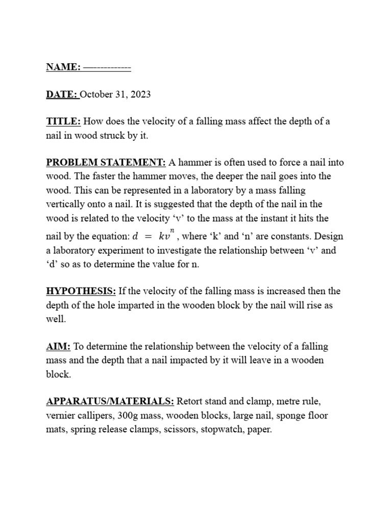 Physics Experiment: Nail Depth Analysis | PDF | Mass | Velocity