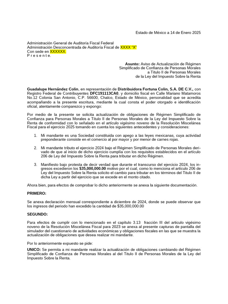 Escrito Libre Formato 2 Act RESICO A PM TITULO II | PDF | Impuesto sobre la renta | Impuestos