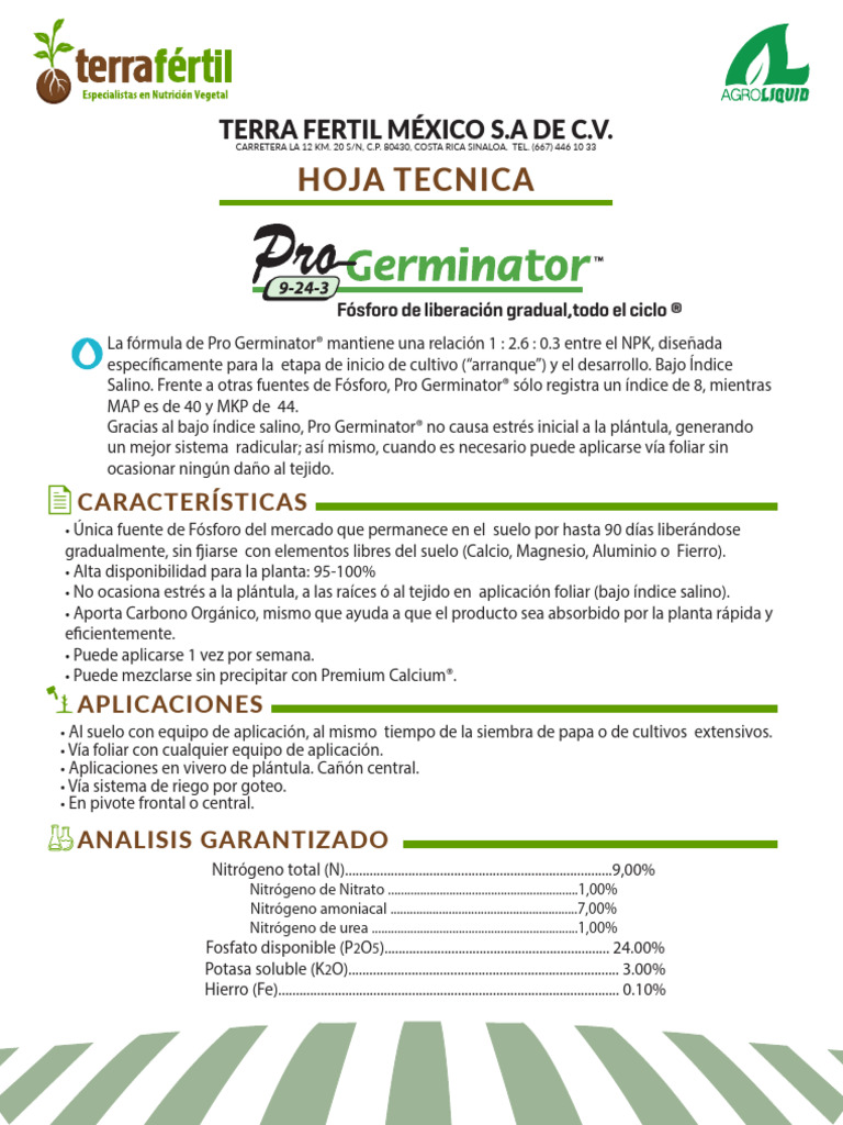 Hoja Tecnica Pro Germinator | PDF | Fertilizante