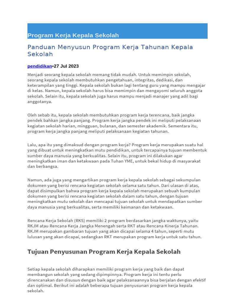 Program Kerja Kepala Sekolah | PDF