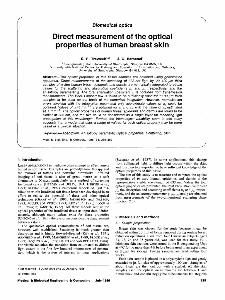 Direct Measurement of The Optical Properties of Human Breast Skin | PDF ...
