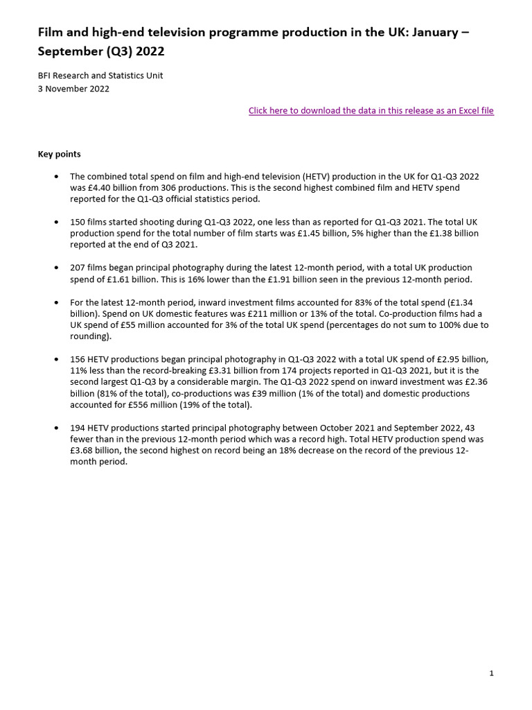 Film High End Television Programme Production Uk q3 2022 | PDF | Economies