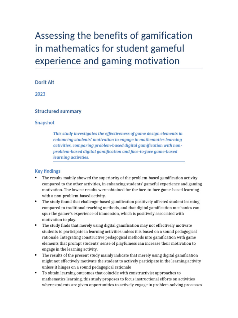 Gamification in Mathematics For Student by Dorit Alt PDF | PDF ...