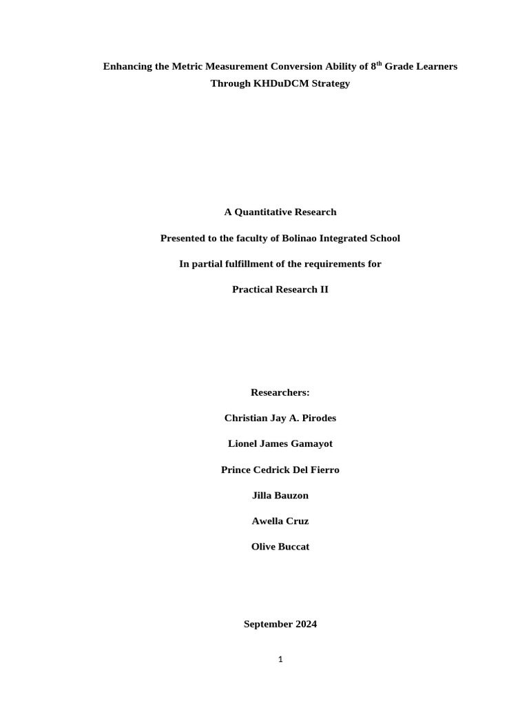Enhancing The Metric Measurement Conversion Ability of Grade 8 Learners ...