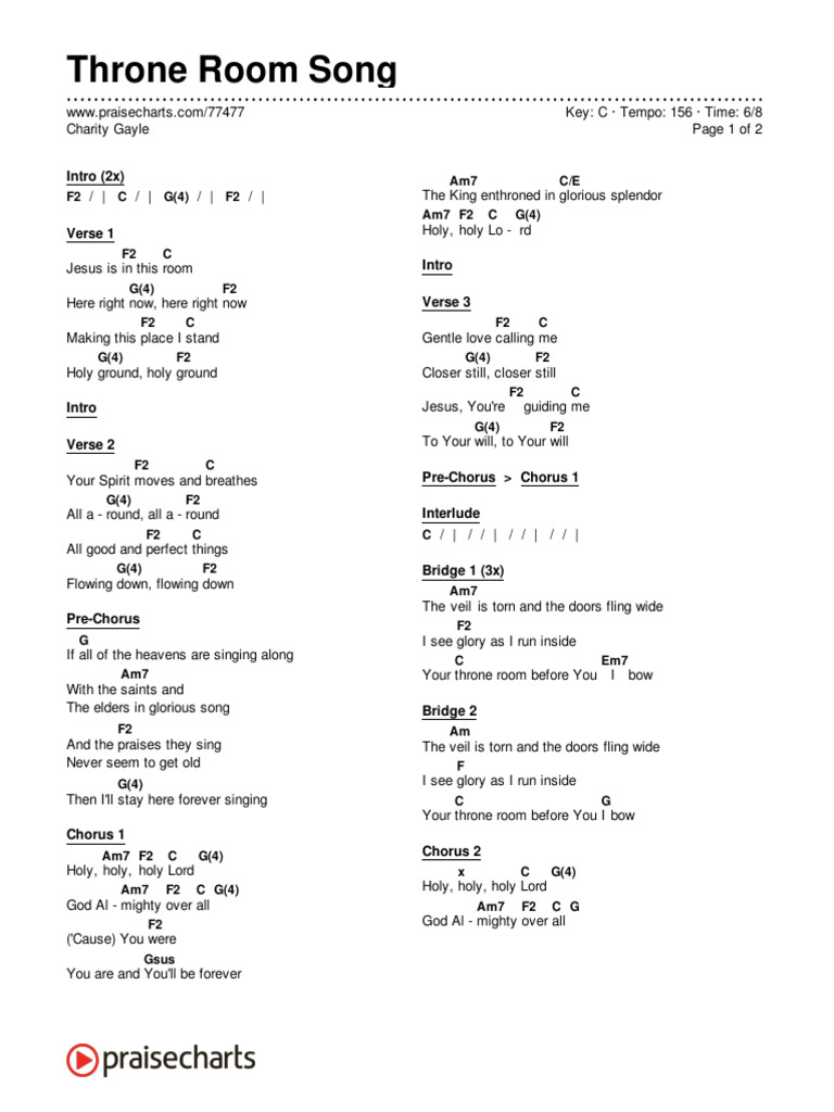 Throne Room Song (Charity Gayle) Chord Chart - C - 2 Column Layout ...