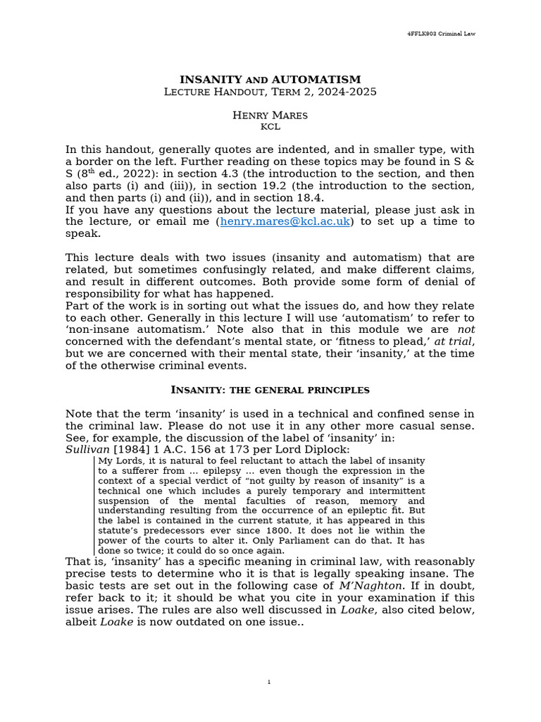 Insanity and Automatism in Criminal Law | PDF | Insanity Defense | Mens Rea