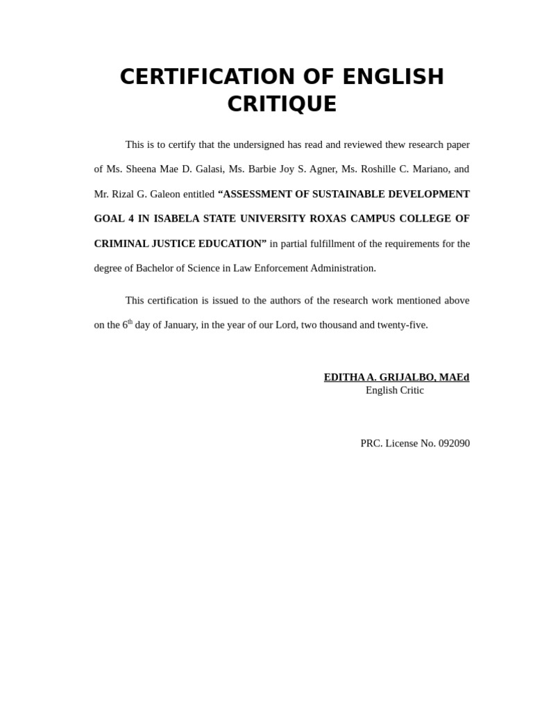 Certification of English Critique | PDF