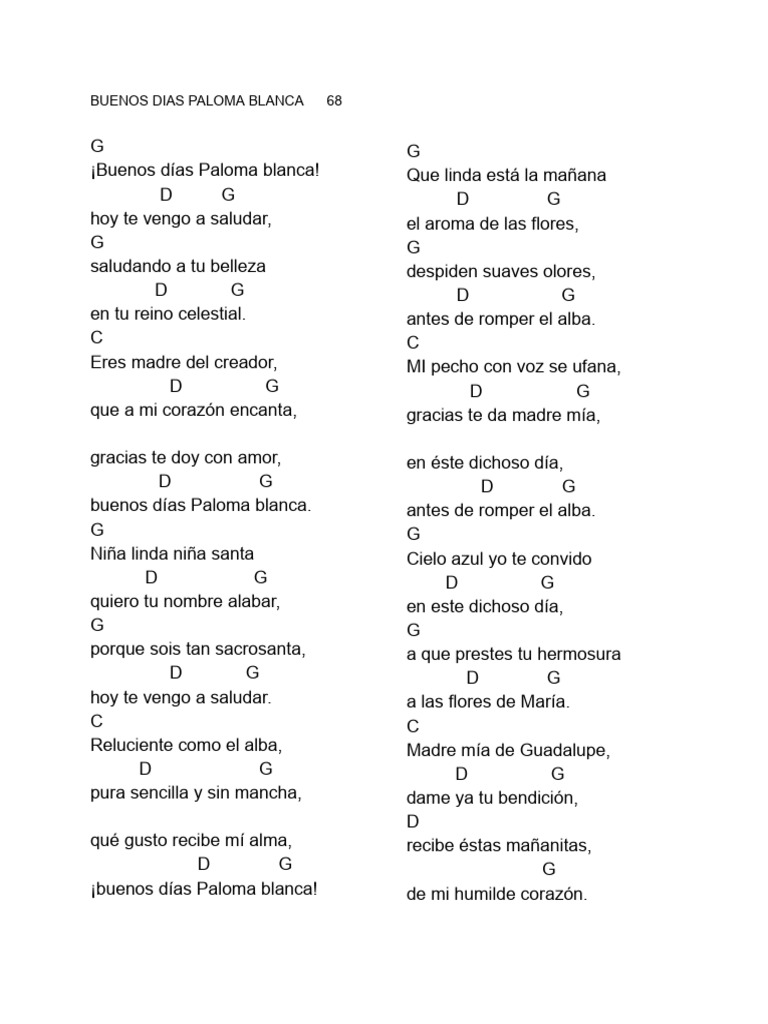 Letra de "Buenos Días Paloma Blanca" | PDF