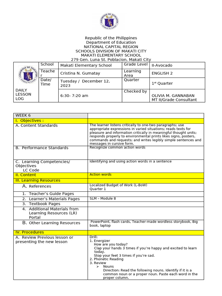 COT1 - Decemeber 12 2023 - Action Words | PDF