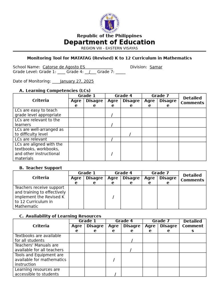 Mathematics Monitoring Tool For Matatag | PDF | Curriculum | Cognition