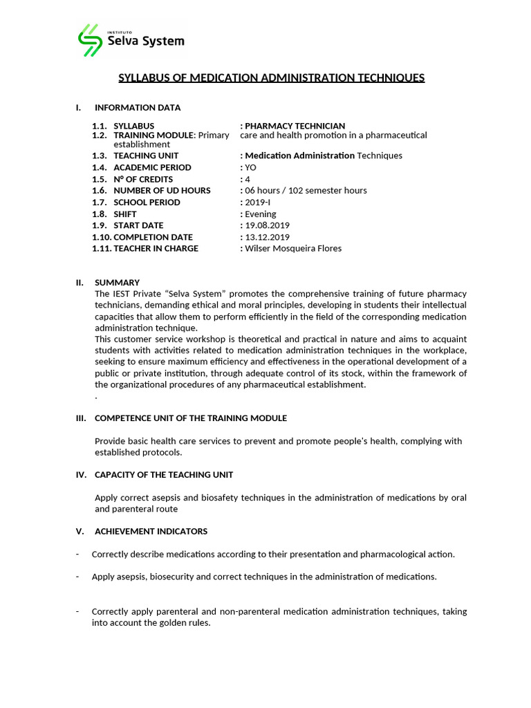 Medication Administration Techniques Syllabus | PDF | Clinical Medicine ...