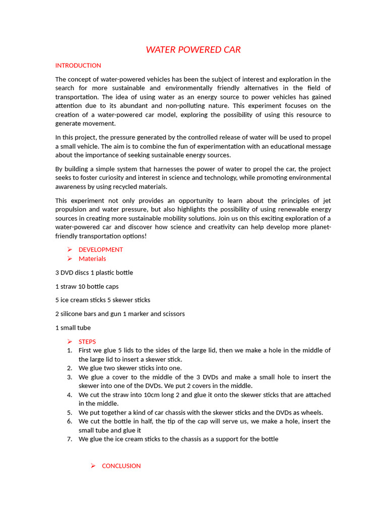 Water-Powered Car | PDF | Sustainability | Creativity