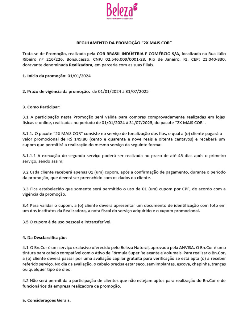 Regulamento da Promoção 2X Mais Cor | PDF