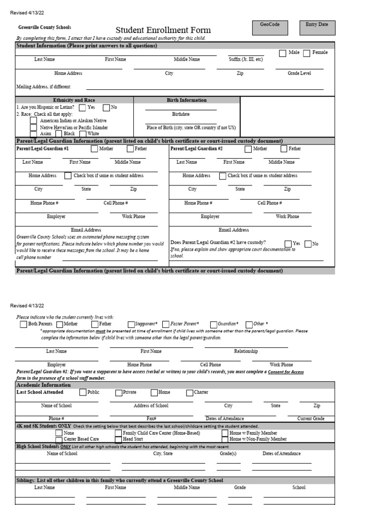 Greenville Schools Enrollment Form | PDF | Intellectual Disability | Parent