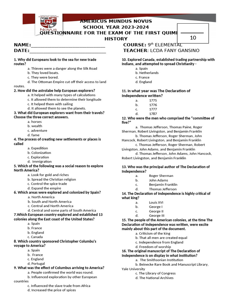 History Exam Questionnaire 2023-24 | PDF | United States Declaration Of ...
