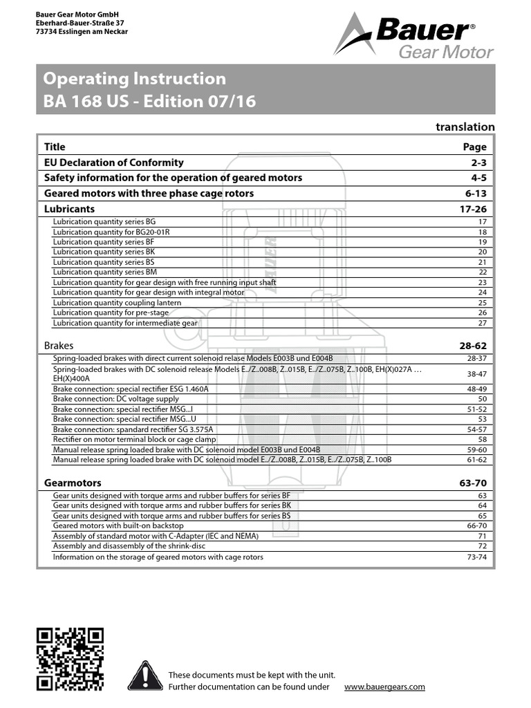 Bauer-Motor Operating Instructions - 07-16 - EN | PDF | Electromagnetic ...