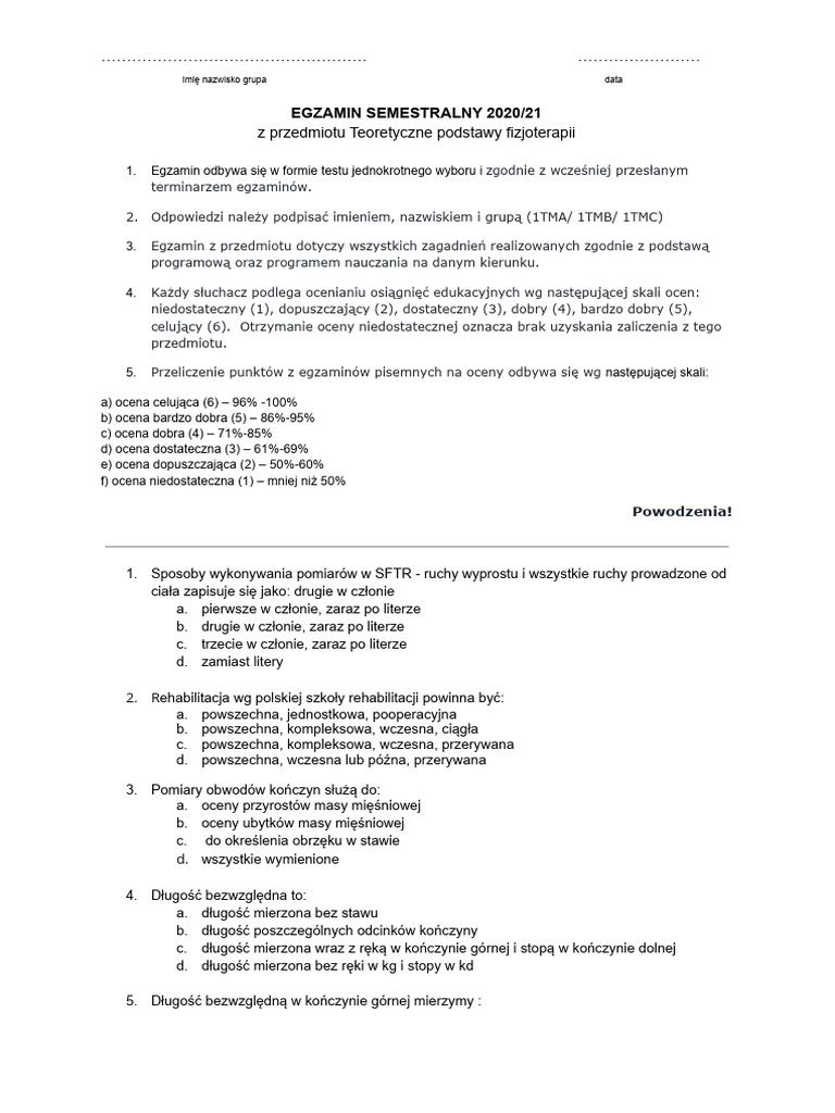 Egzamin 2021 Teoretyczne Podstawy Fizjoterapii | PDF