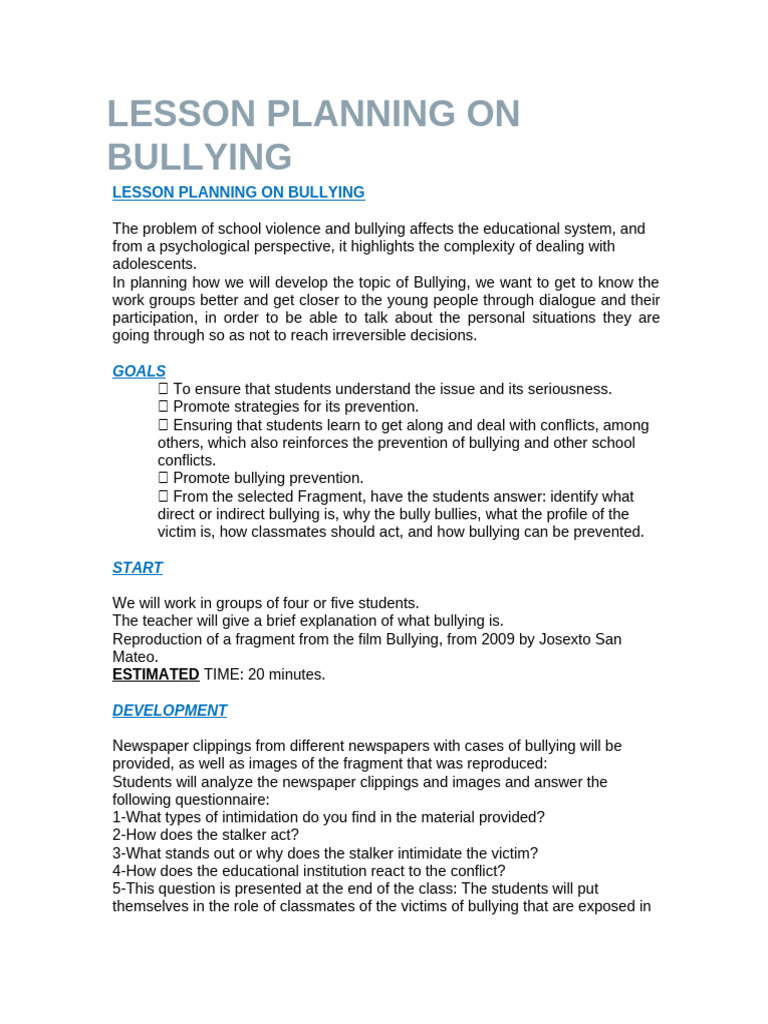 Lesson Planning On Bullying | PDF | Bullying | Violence