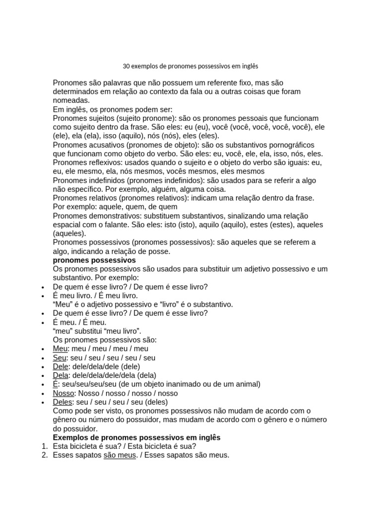 30 Exemplos de Pronomes Possessivos | PDF | Pronome | Sintaxe