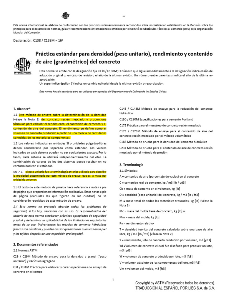 Astm C 138-16 Masa Unitaria | PDF | Hormigón | Densidad