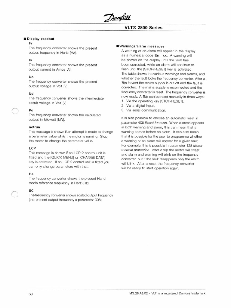 Danfoss VLT-2800 - List of Warnings and Alarms | PDF