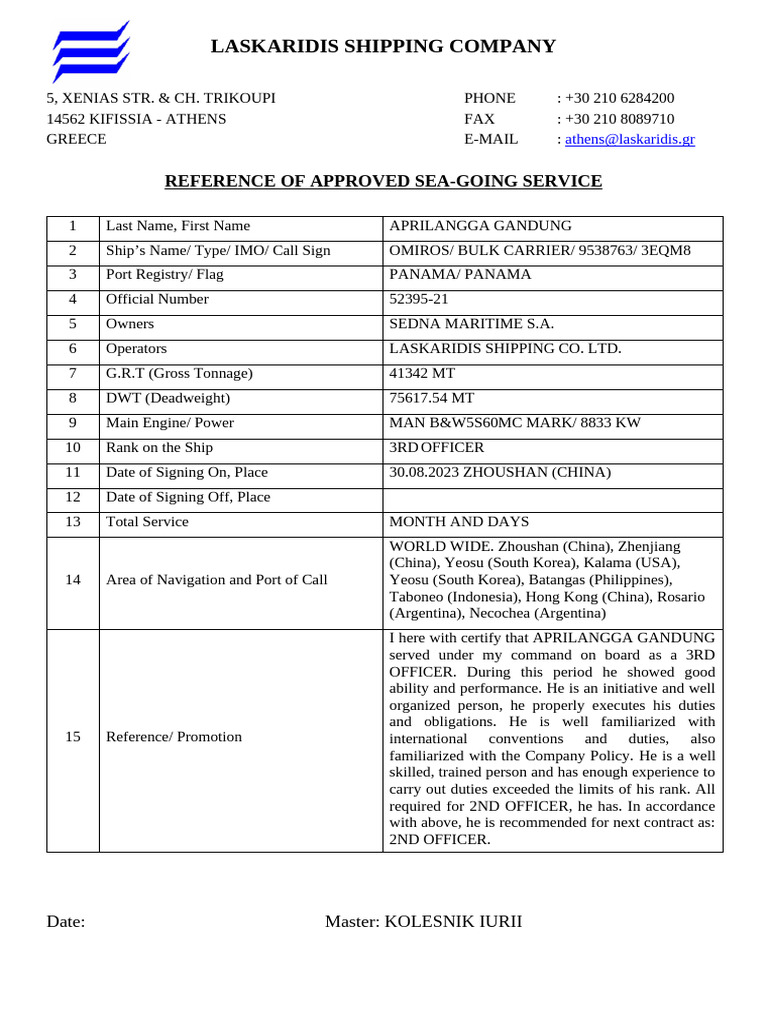 Certificate of Sea Service - 3rd Off Gandung | PDF | Shipping | Freight ...