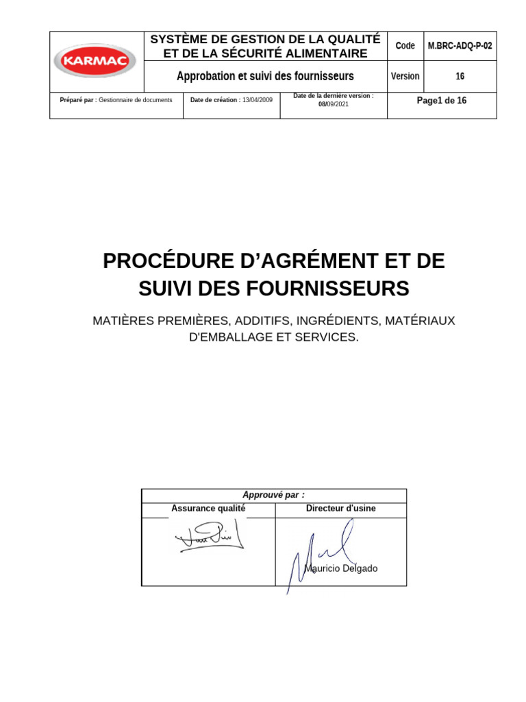 M.brc-CAL-P-02 Procédure d'Approbation et de Suivi des Fournisseurs (1) | PDF | Audit | Système ...