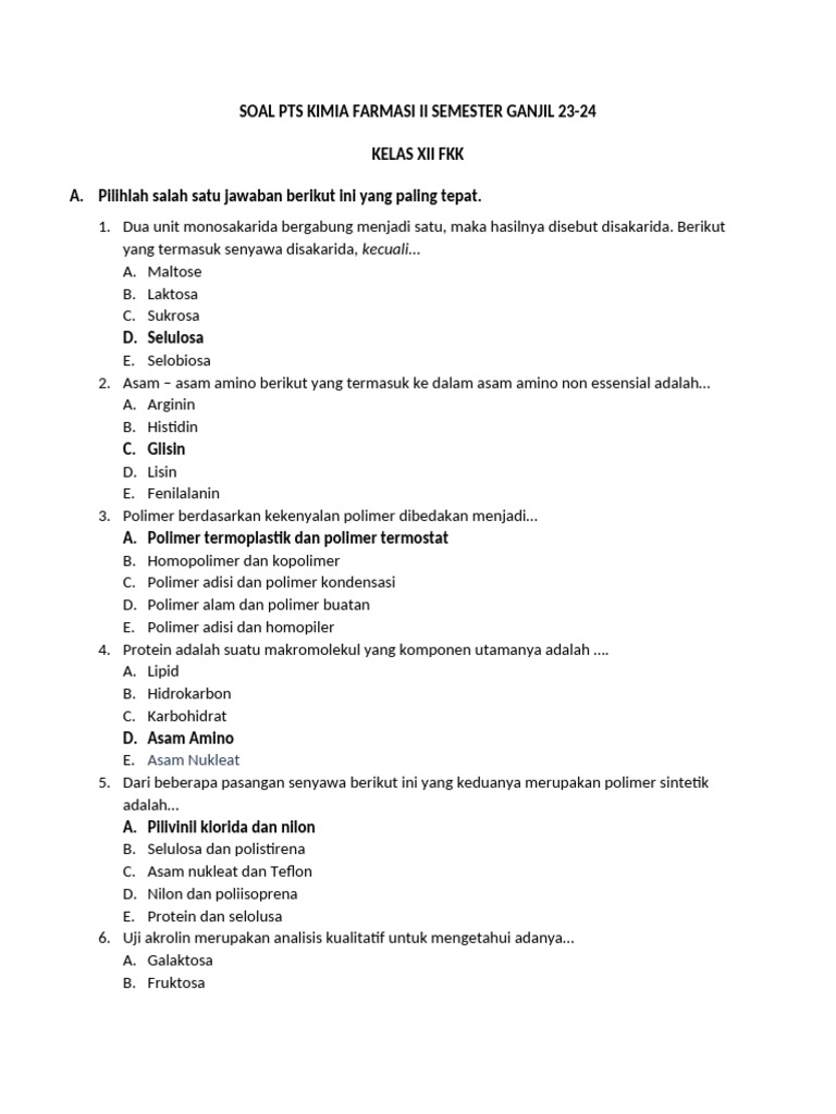 Soal PTS Kimia Farmasi Ii Semester Ganjil 23-24 | PDF