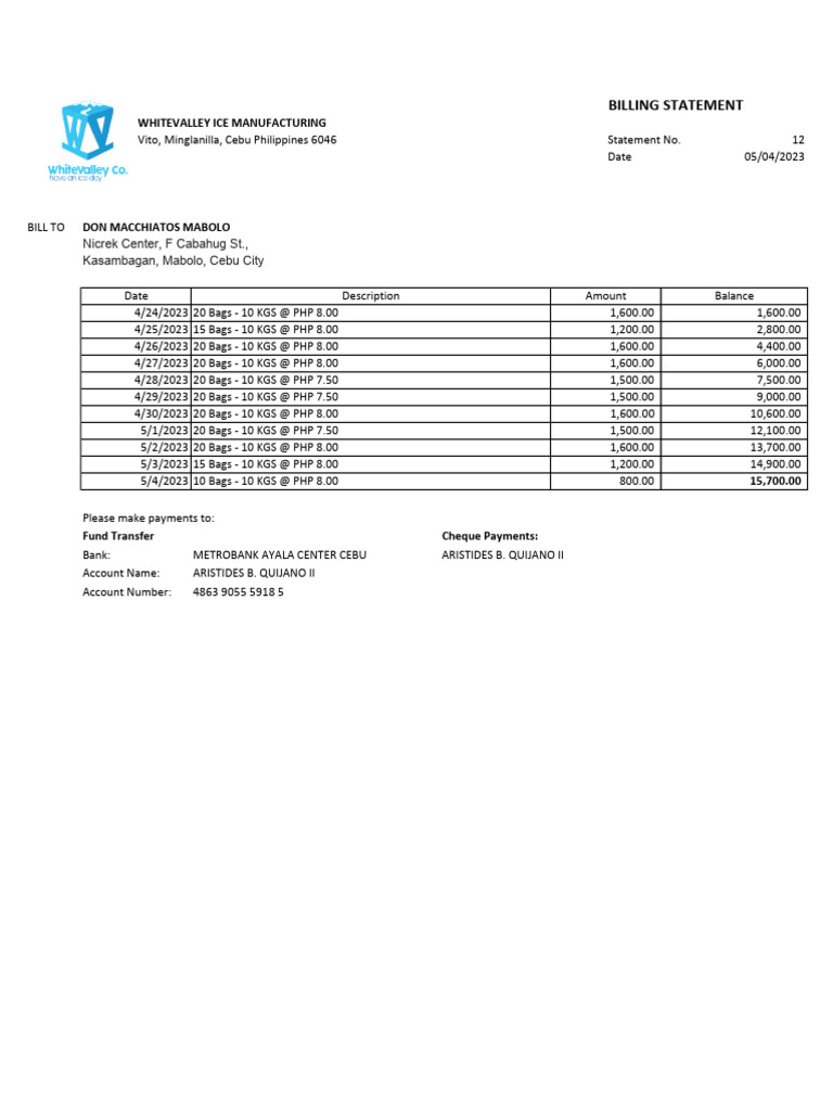 Whitevalley Ice Billing Statement | PDF | Financial Services | Banking